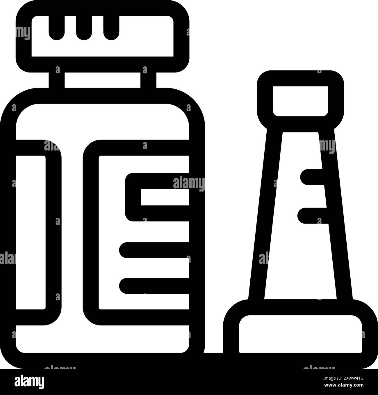Line icon of a medicine bottle and a graduated cylinder, representing ...