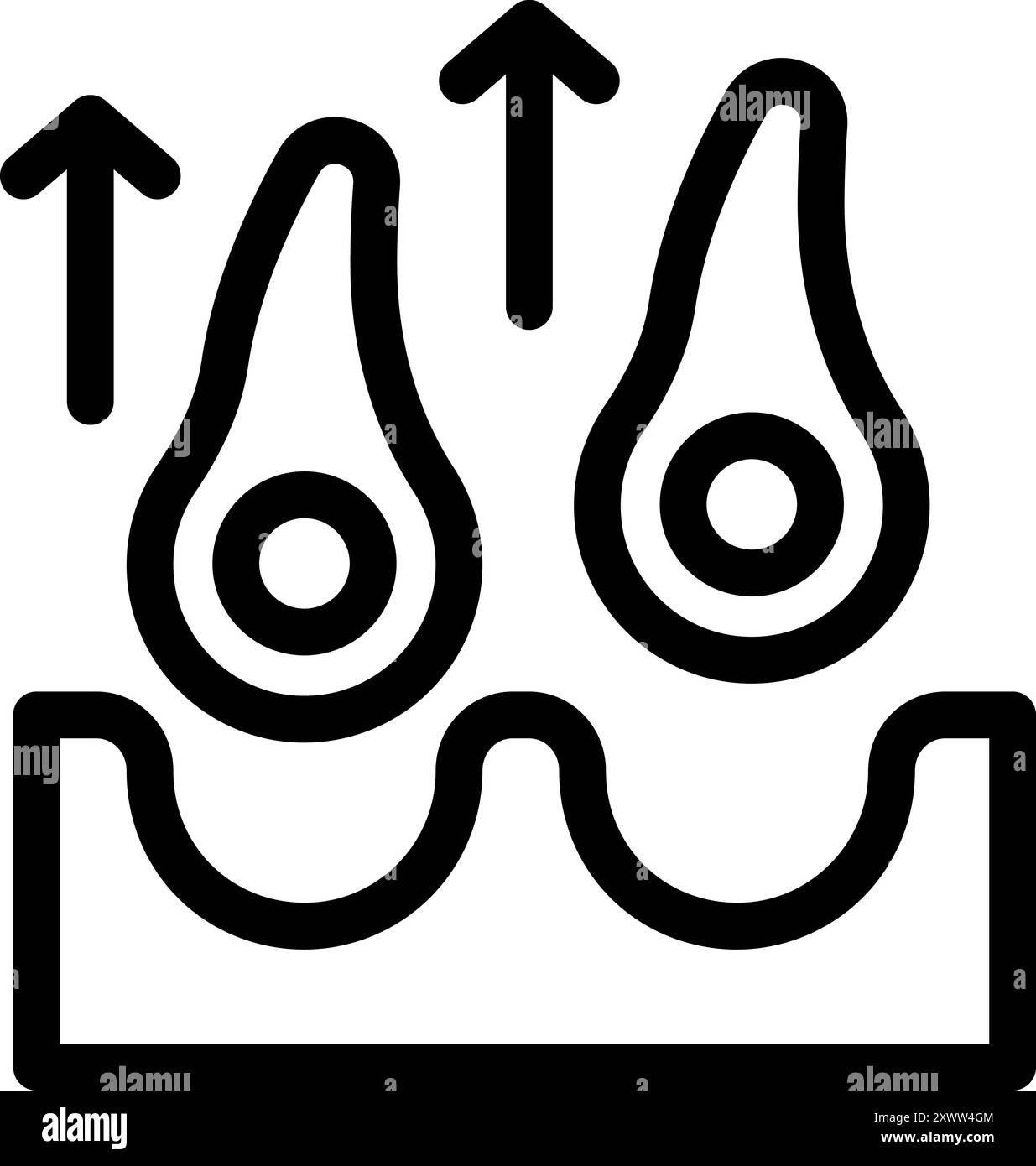Line icon of hair follicles growing from skin with arrows pointing up ...