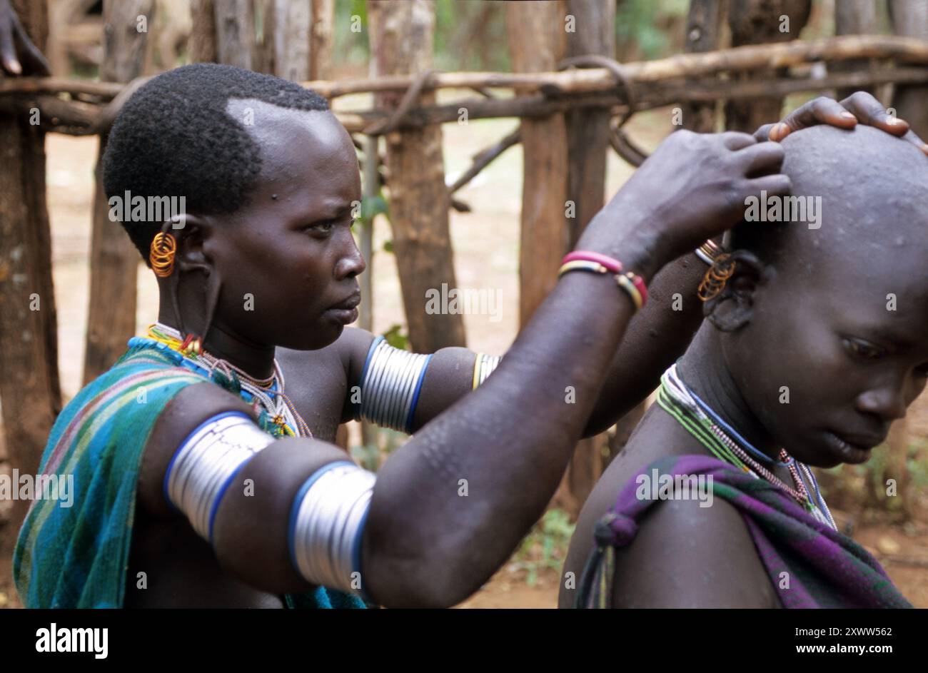 A young Suri woman shaving her friends head. Kibish river, Lower Omo ...