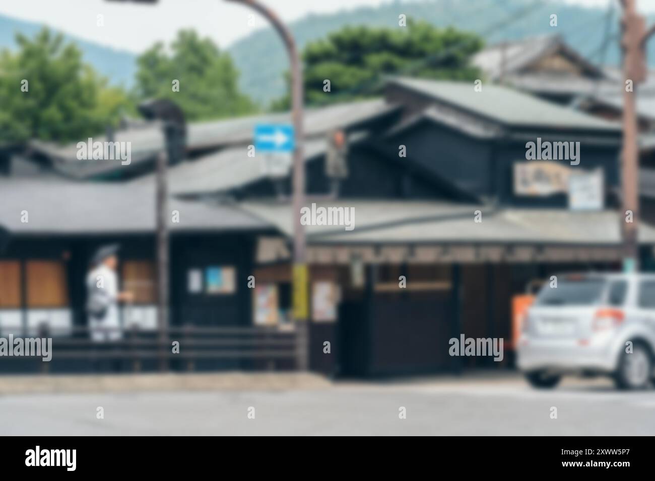 A blurred image of a street scene in Japan with traditional buildings ...