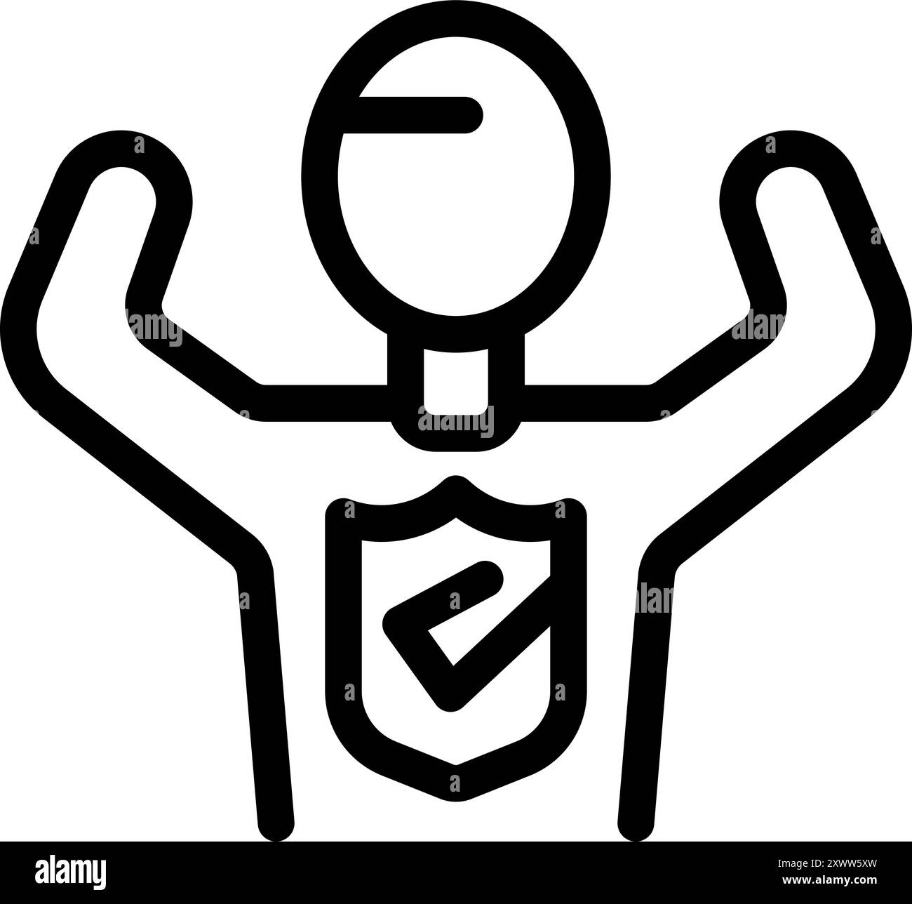 Line icon of a person raising their hands with a shield and a check ...