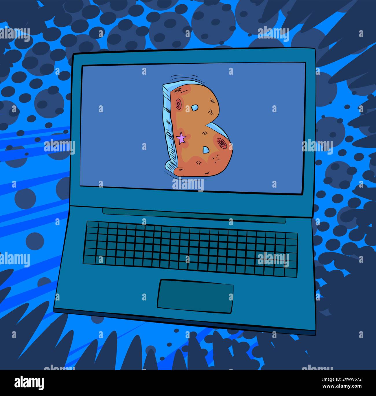 Cartoon Laptop, comic book Notebook with Letter B. Retro vector comics ...