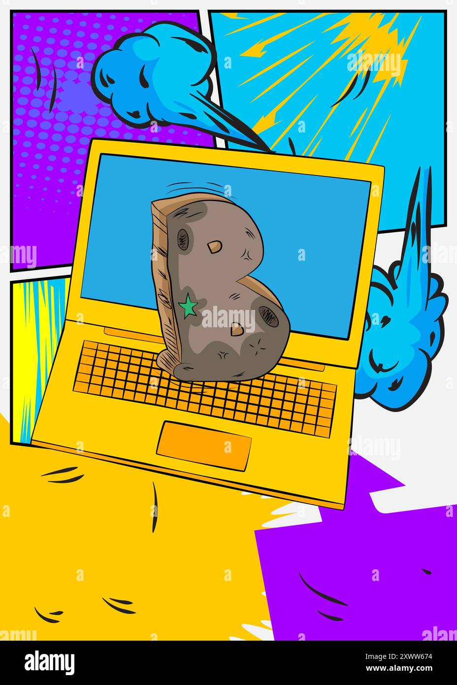 Cartoon Laptop, comic book Notebook with Letter B. Retro vector comics ...