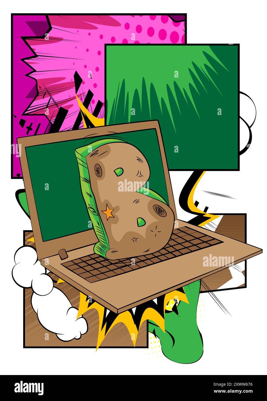 Cartoon Laptop, comic book Notebook with Letter B. Retro vector comics ...