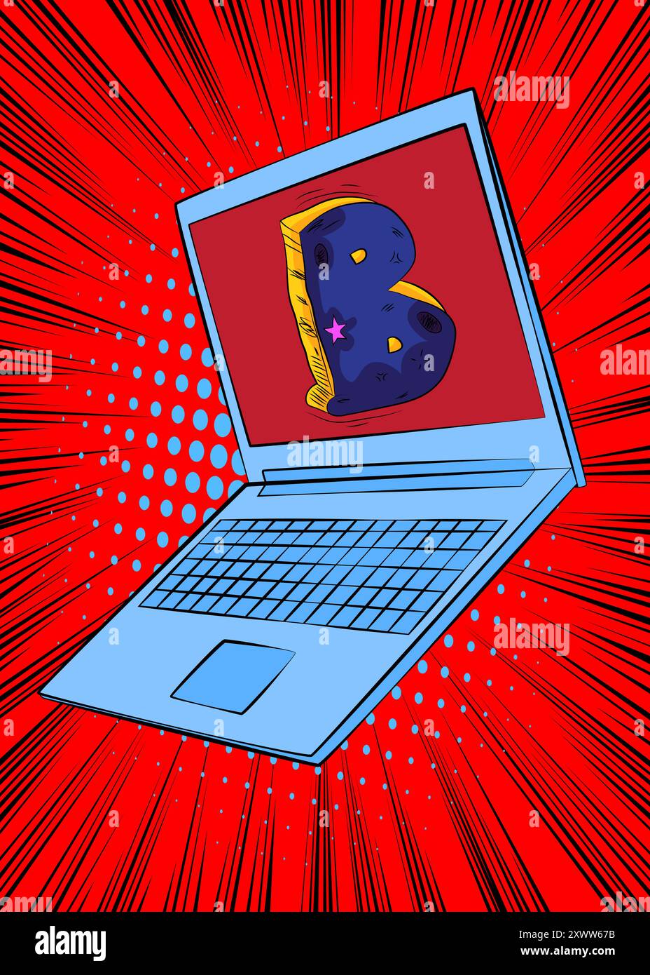 Cartoon Laptop, comic book Notebook with Letter B. Retro vector comics ...