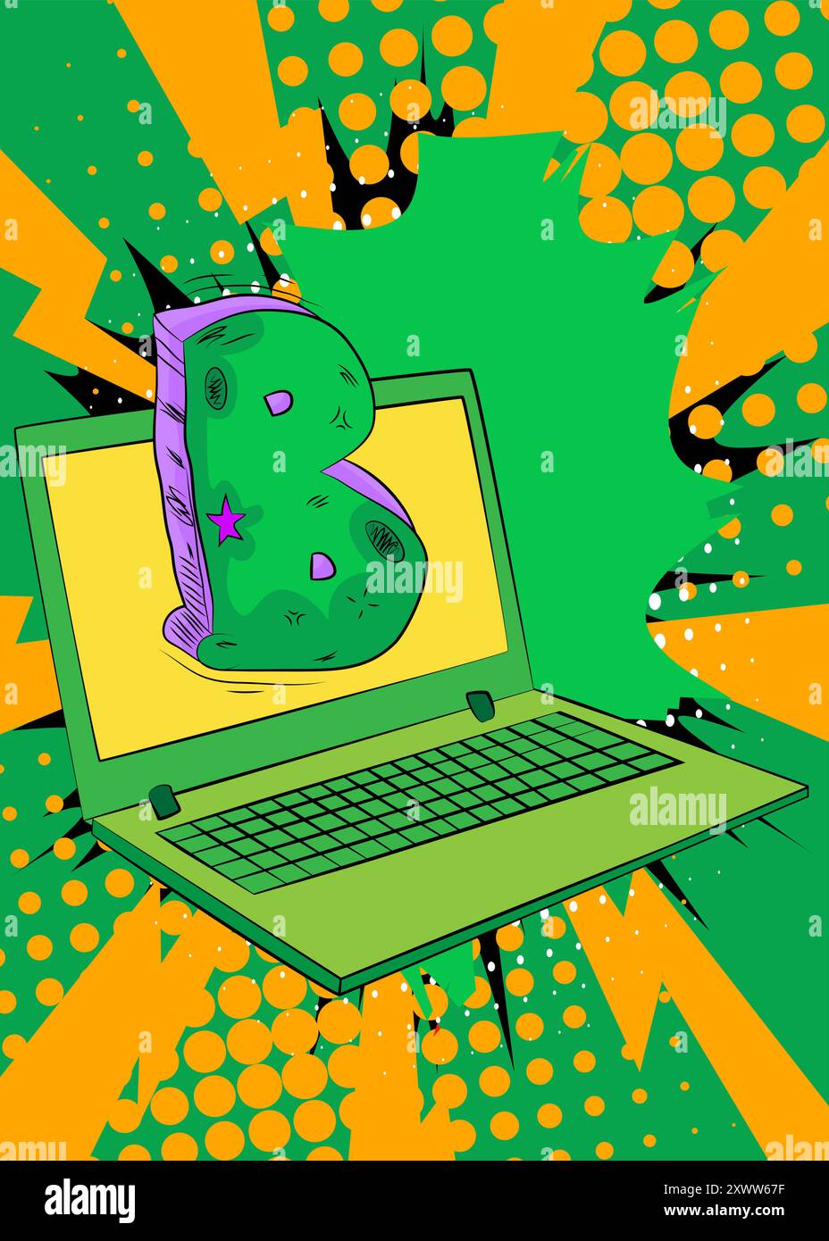 Cartoon Laptop, comic book Notebook with Letter B. Retro vector comics ...