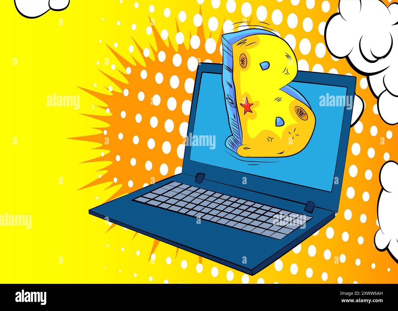 Cartoon Laptop, comic book Notebook with Letter B. Retro vector comics ...