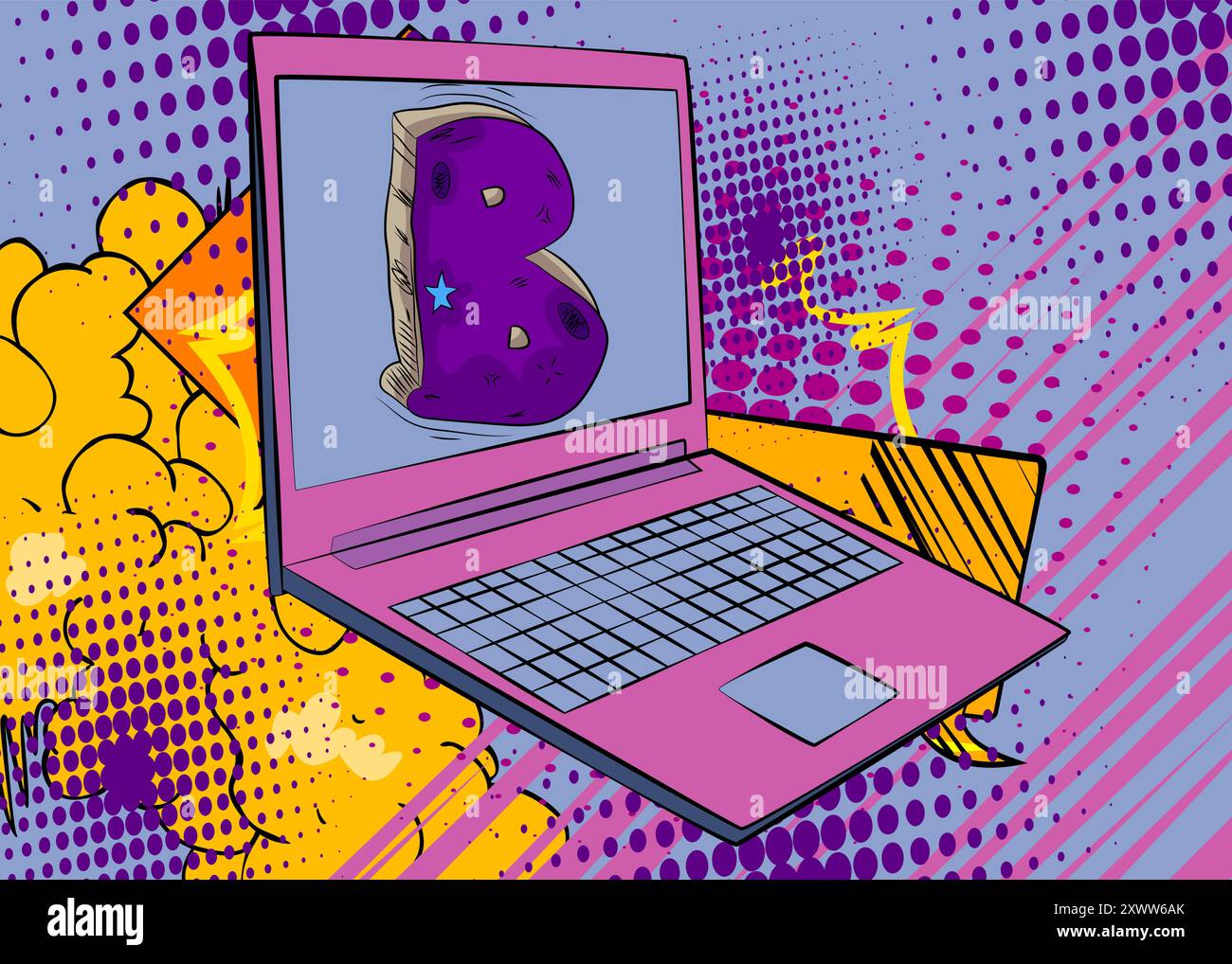 Cartoon Laptop, comic book Notebook with Letter B. Retro vector comics ...