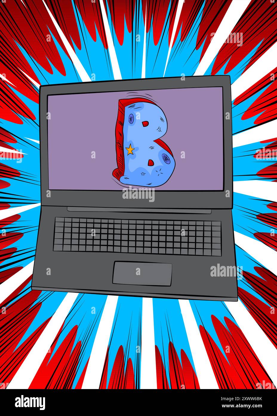 Cartoon Laptop, comic book Notebook with Letter B. Retro vector comics ...