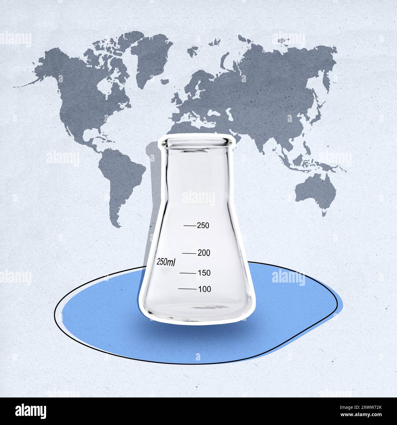 A glass beaker on it is placed on a surface. The beaker is on a colored ...