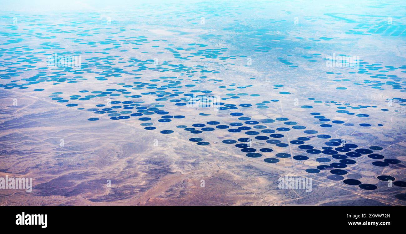 Aerial view of circular agriculture fields in the Arabian desert in ...