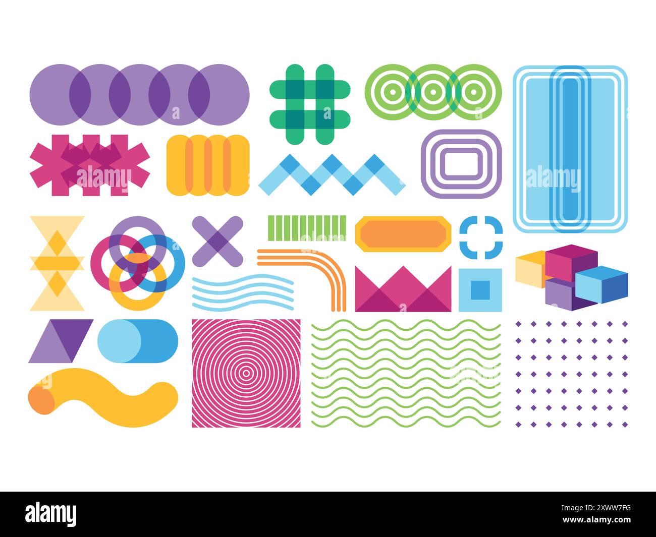 Memphis modern retro brutalist art style shapes icons elements collection colorful abstract ...