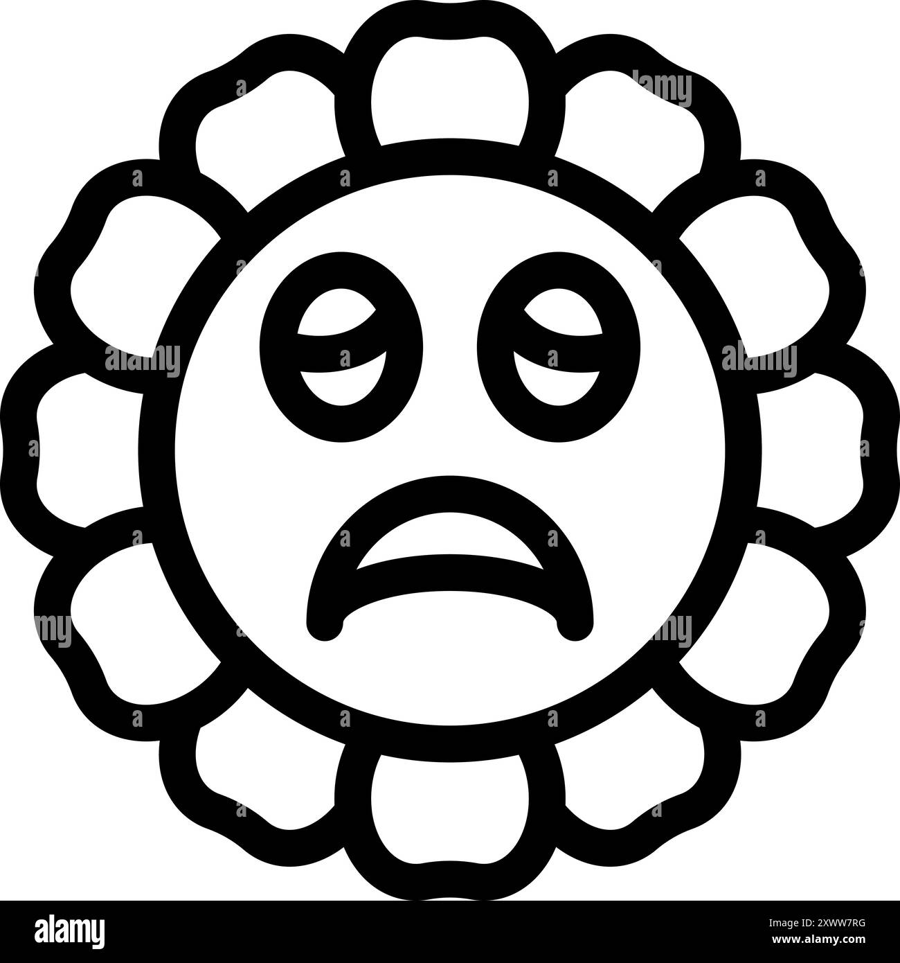 Simple, bold lined icon of a flower with a sad face, conveying feelings ...