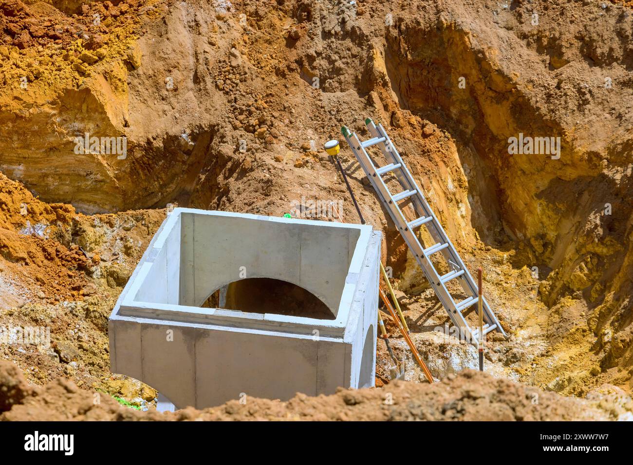 In construction site, drainage concrete collector manhole well sewer ...