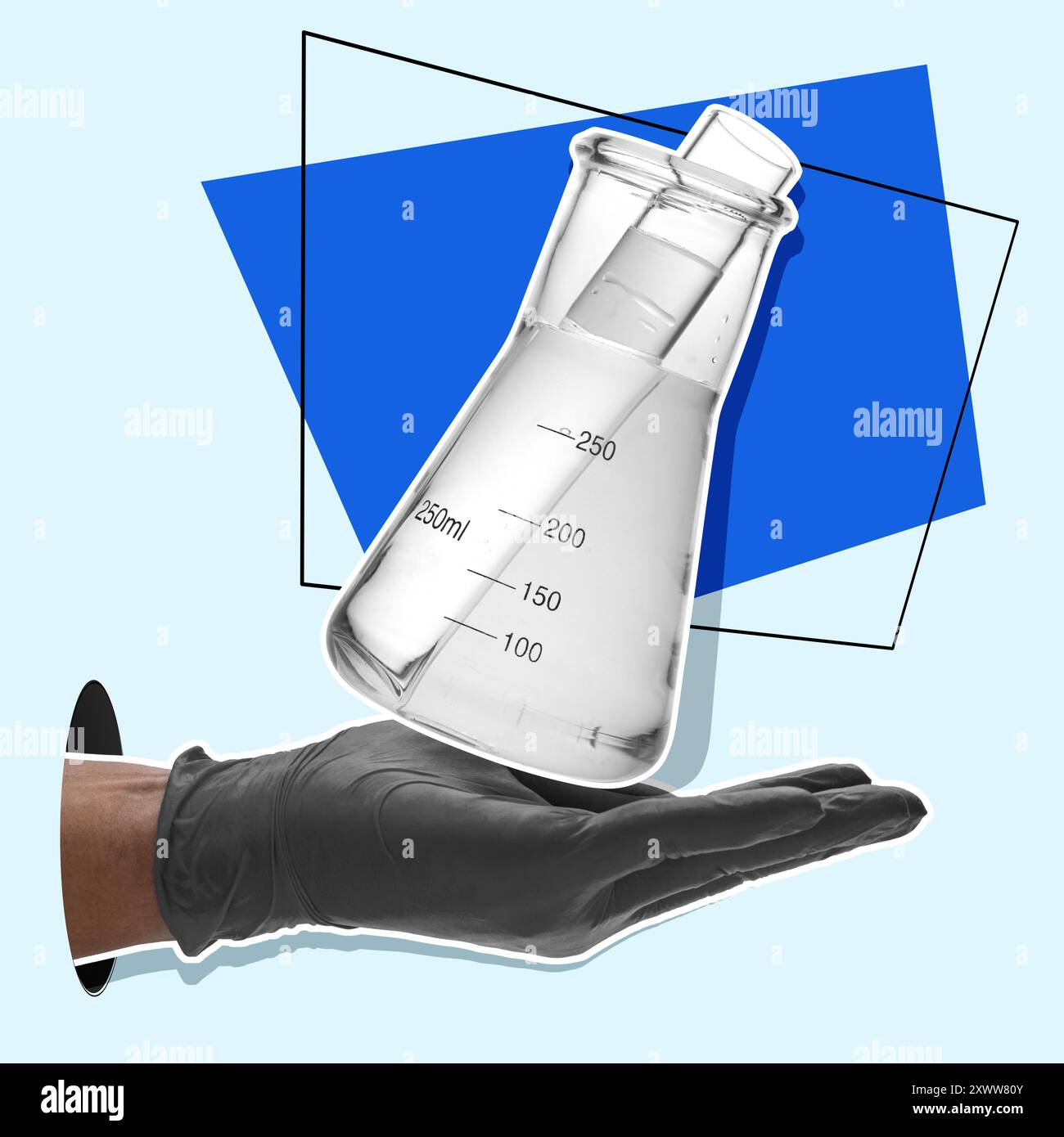 A person is holding a beaker with a liquid in it on a colored ...