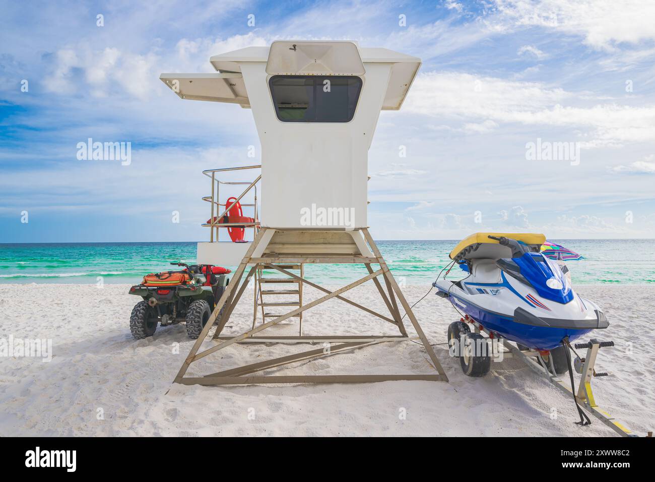 Lifeguard stand, 4-wheeler, jet ski, people, Gulf o Mexico, Panama City ...