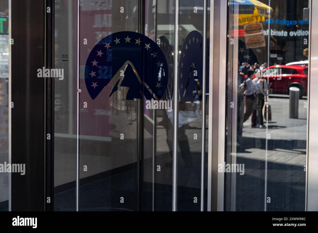 View of entrance to Paramount office building on Times Square in New ...