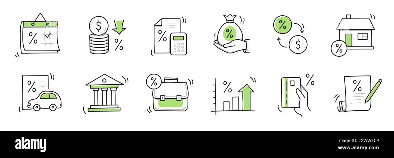 Loan interest rate doodle icon set. Hand drawn sketch doodle line style ...