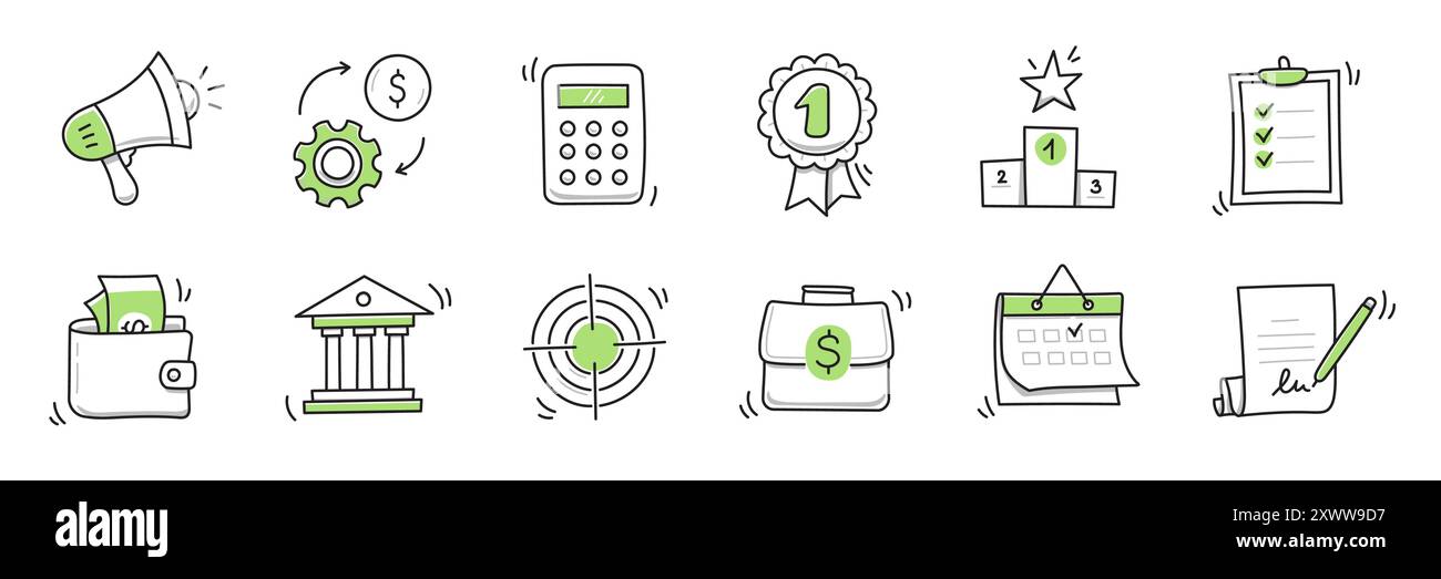 Hand drawn doodle business, money icon set. Finance, money, marketing ...