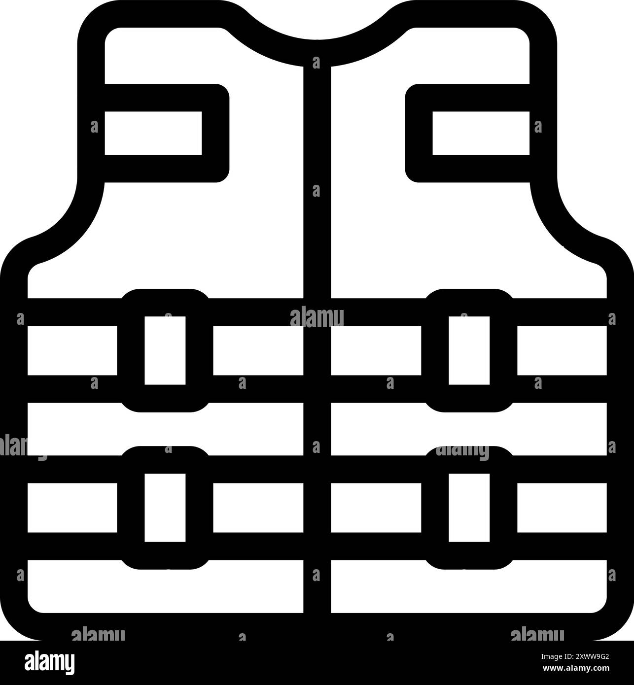 Simple black and white line art icon of a life jacket, essential safety ...