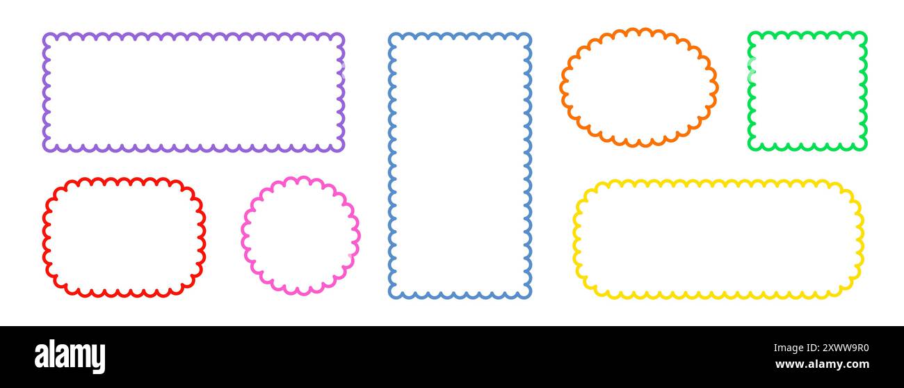 Border frame scallop edge rectangle, oval, round vector shape. Wave scallop squiggle cute simple ...