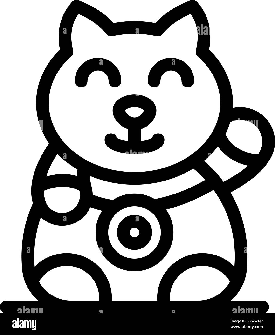 Simple line art of a happy maneki neko waving its paw, a traditional ...