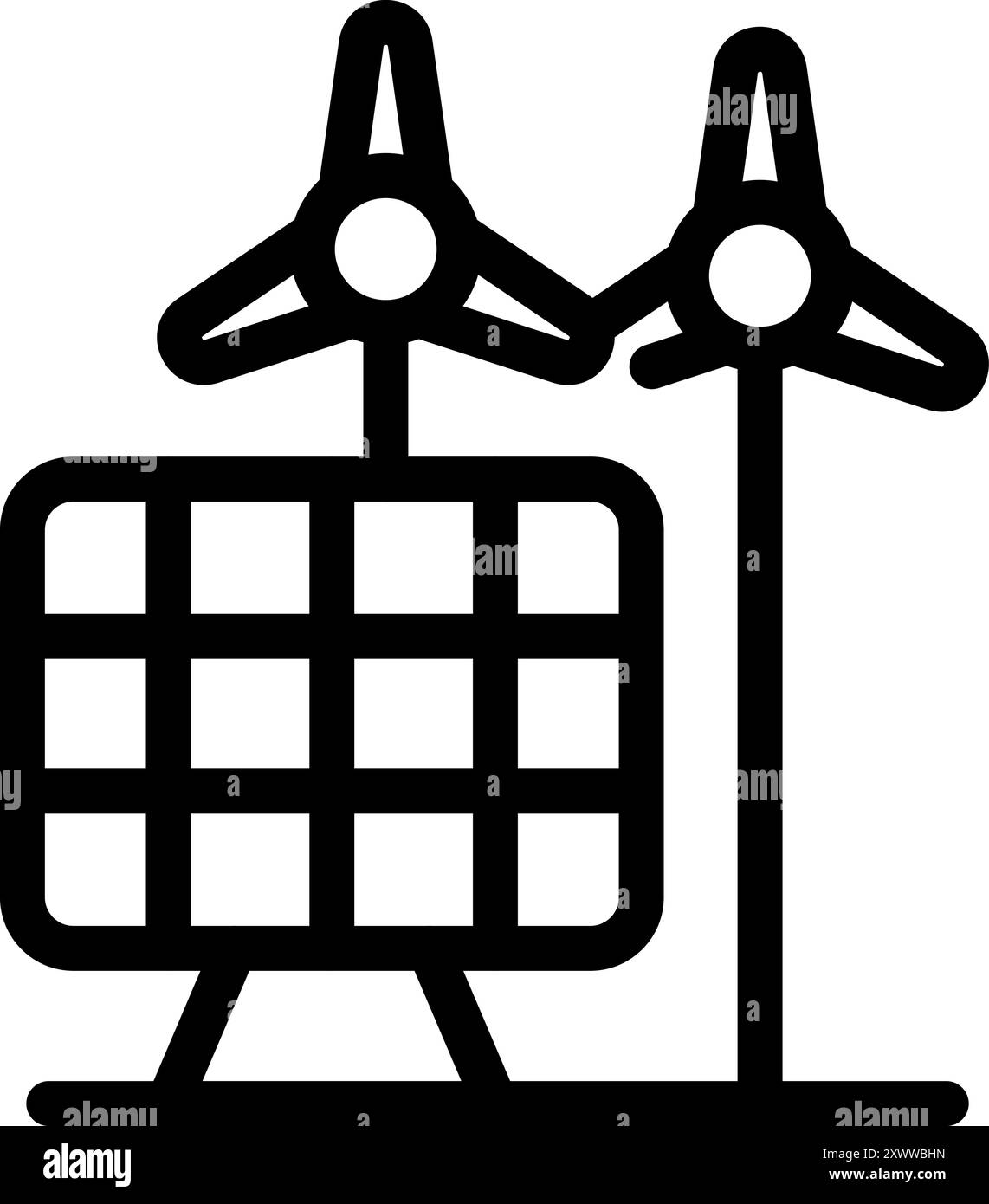 Simple icon of a solar panel and wind turbines generating clean ...