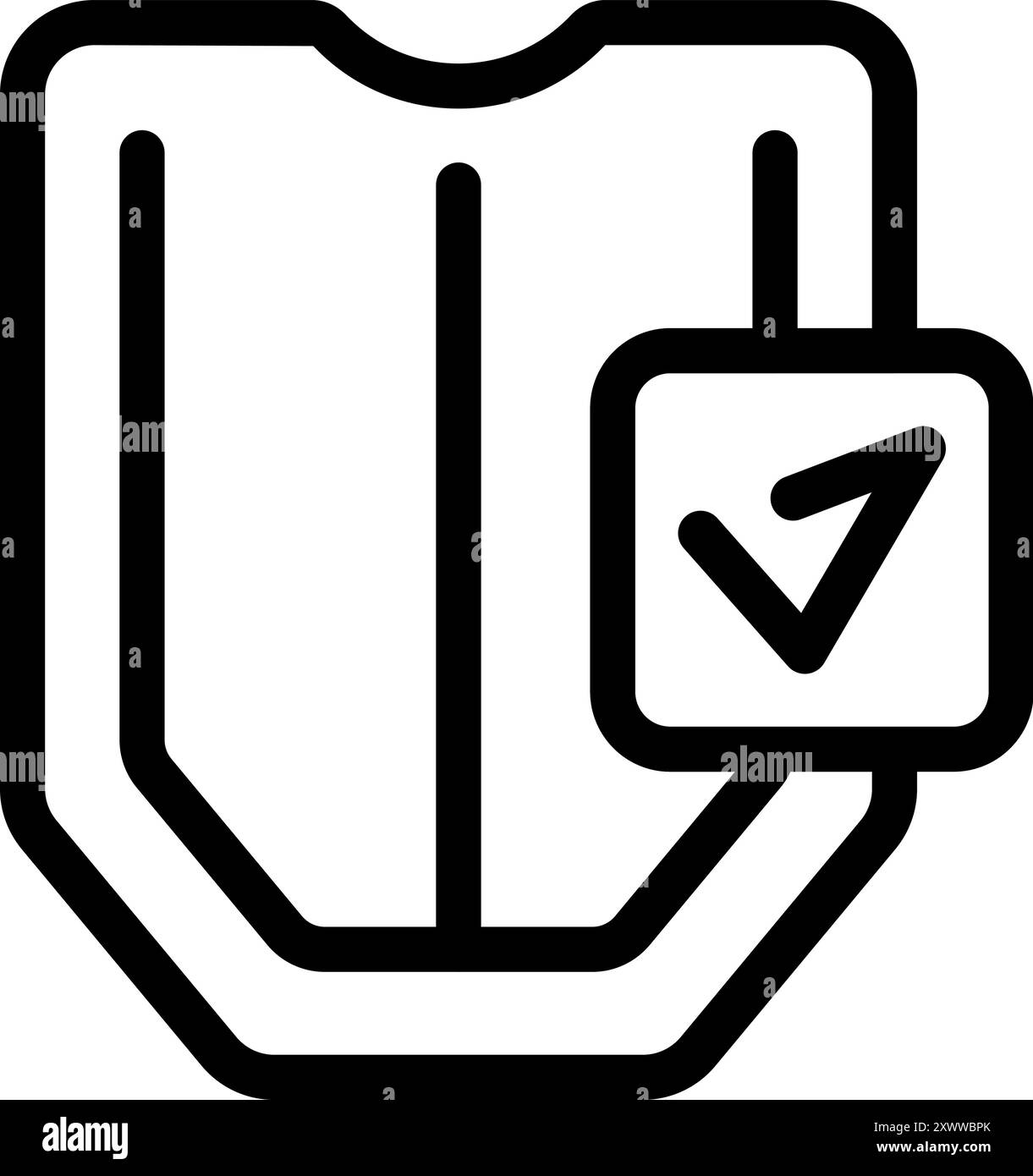 Simple, bold, flat line icon of a shield with a check mark ...