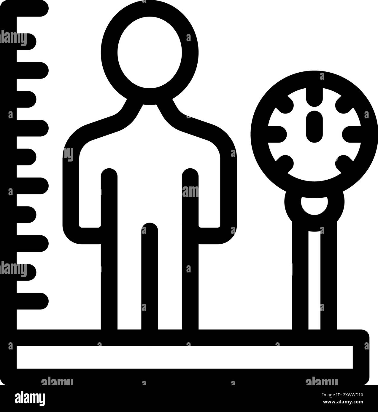 Line icon of a doctor measuring patient height and weight with medical ...