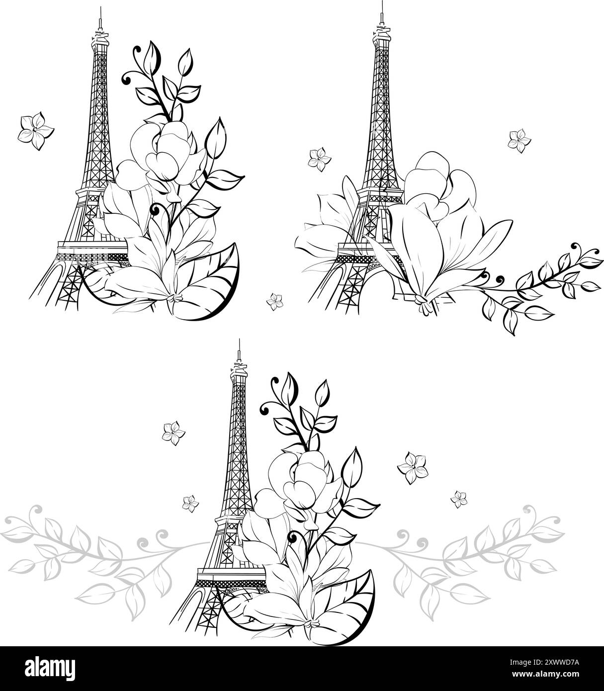 Vector set border Eiffel Tower and flower. Magnolia springtime romantic ...