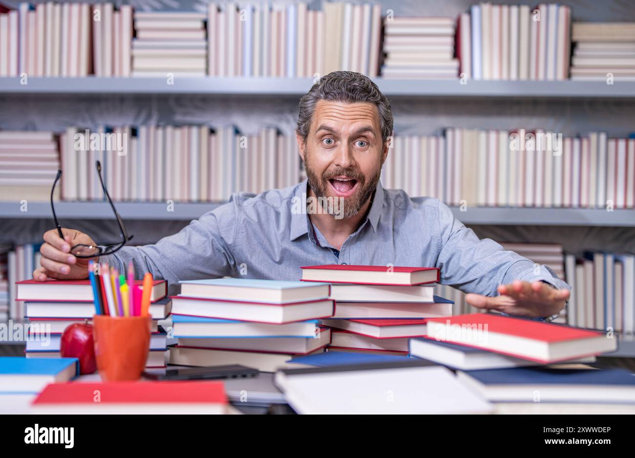surprised teacher prepare for school exam. overworked professor at ...