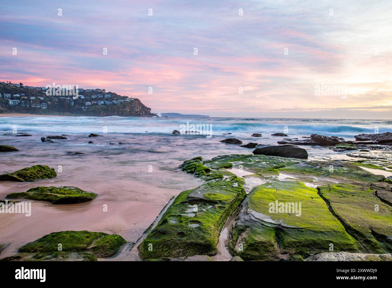 Sydney sunrise over Whale Beach, orange red sky with green algae on ...