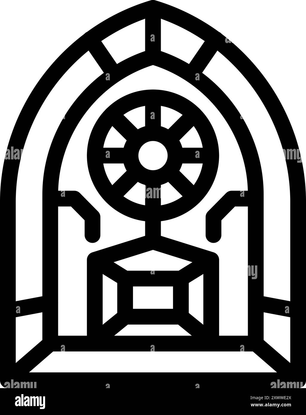 Simple line art icon of a gothic arch with a rose window and altar ...