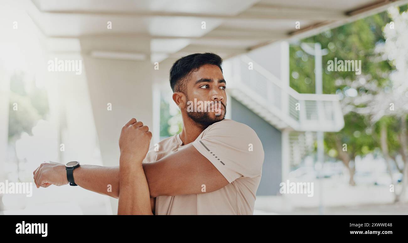 Fitness, man and stretching outdoor in nature for arm warm up, exercise ...