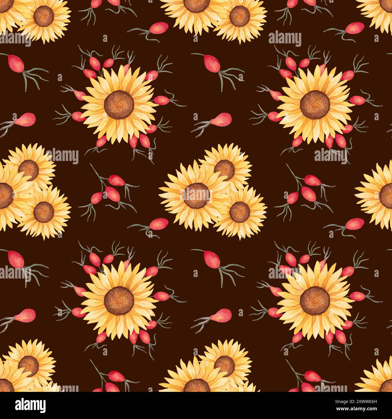 Seamless pattern of sunflower with rose hips. Watercolor illustration ...
