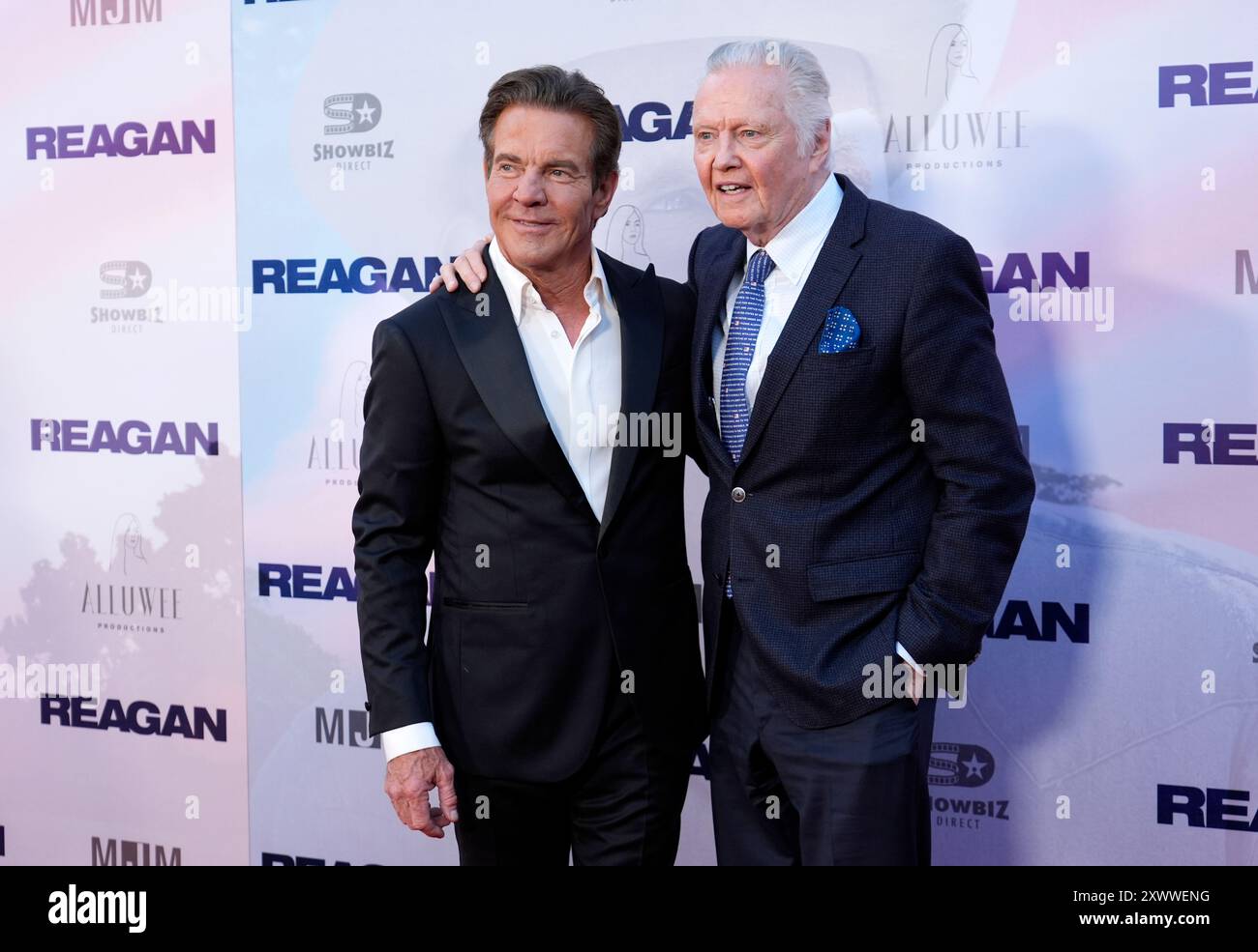Dennis Quaid, left, and Jon Voight, cast members in "Reagan," pose ...