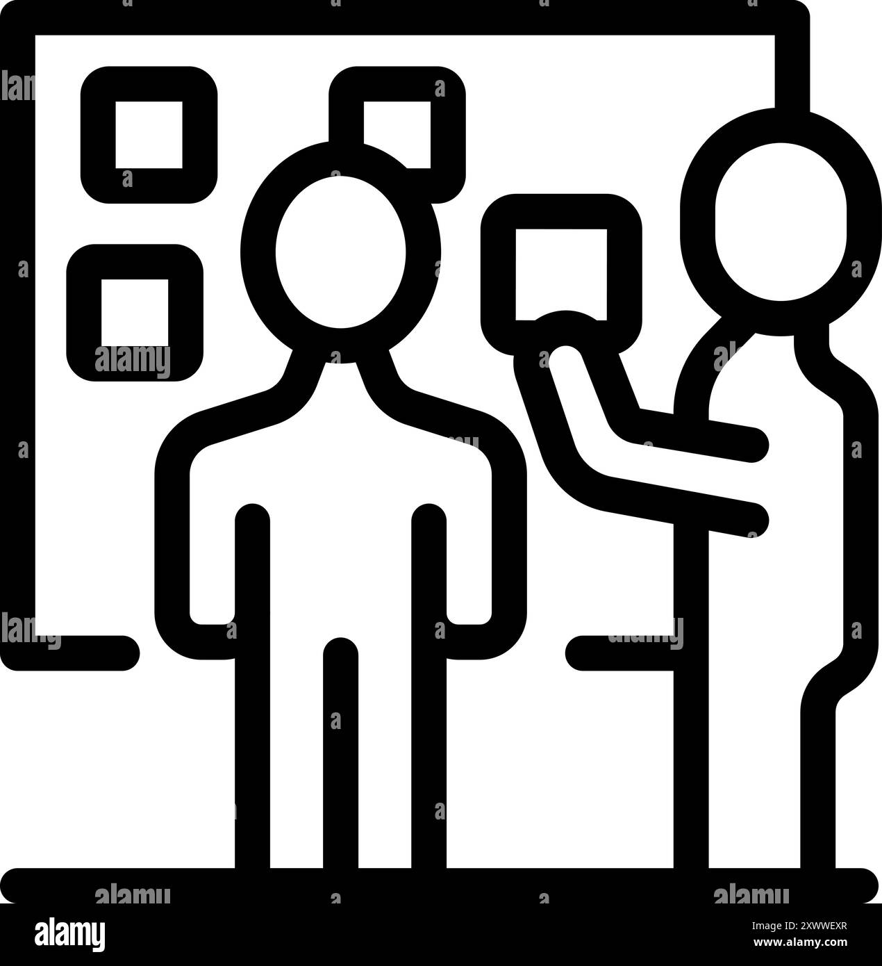 Two businessmen working together using a kanban board to organize their ...