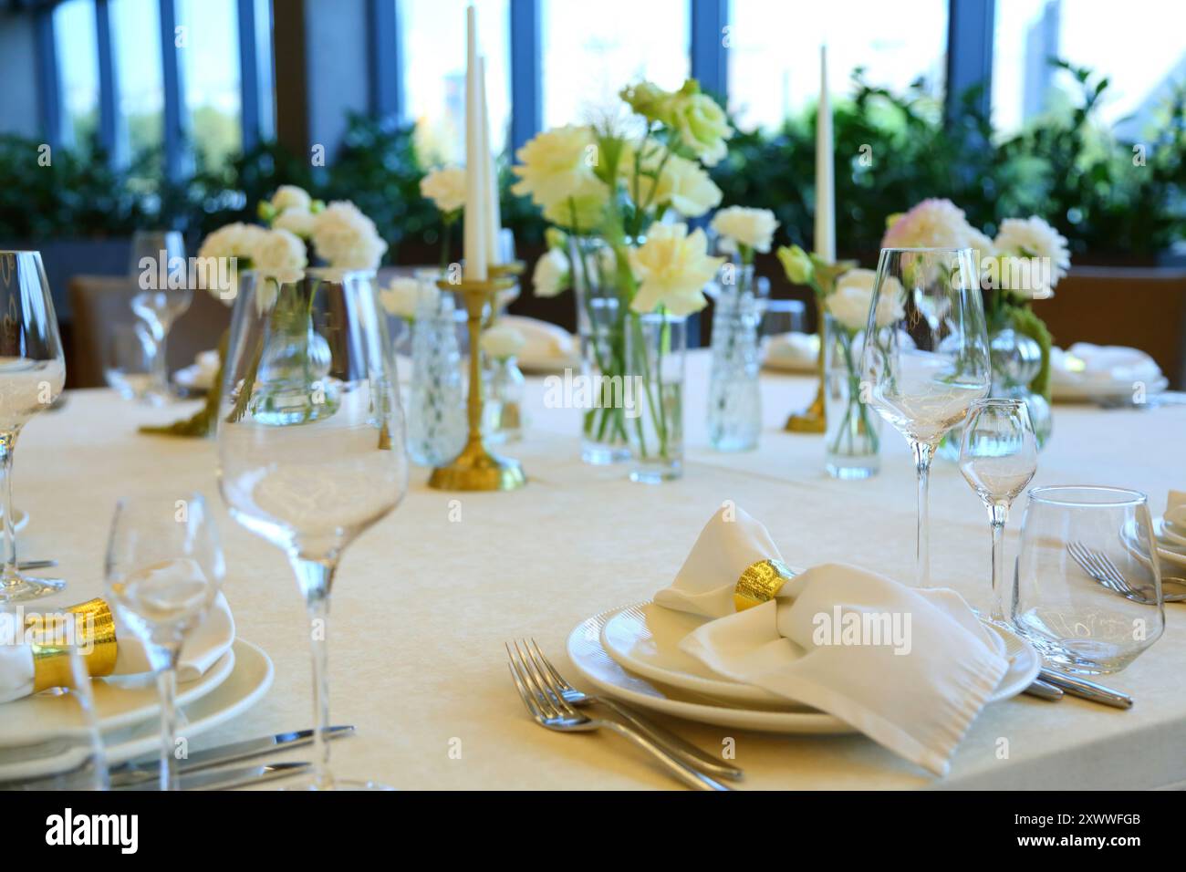 Table setting in a restaurant. Empty glasses set in restaurant. Table ...