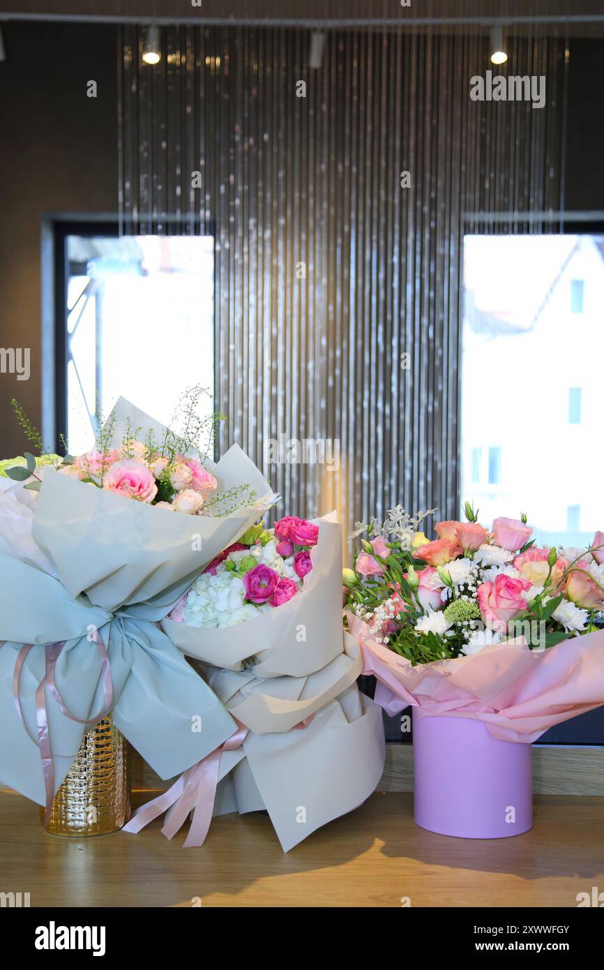 Restaurant interior. Photo zone in the restaurant. Floral design in a ...