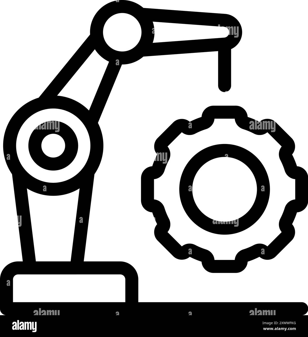 Line art icon of a robotic arm placing a gear, symbolizing industrial automation and ...
