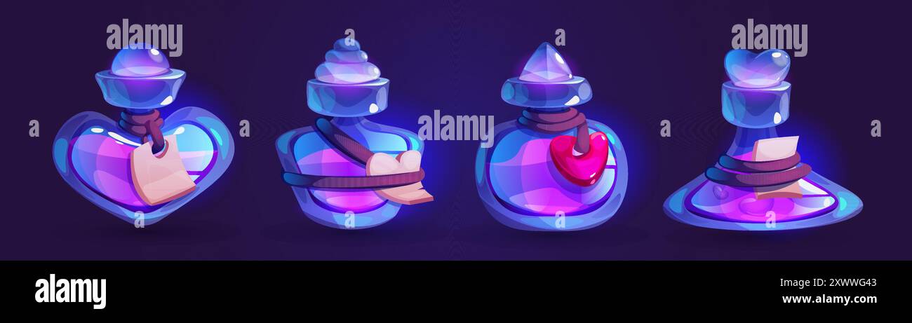 Magic glowing love potion in heart shaped glass bottle with labels ...