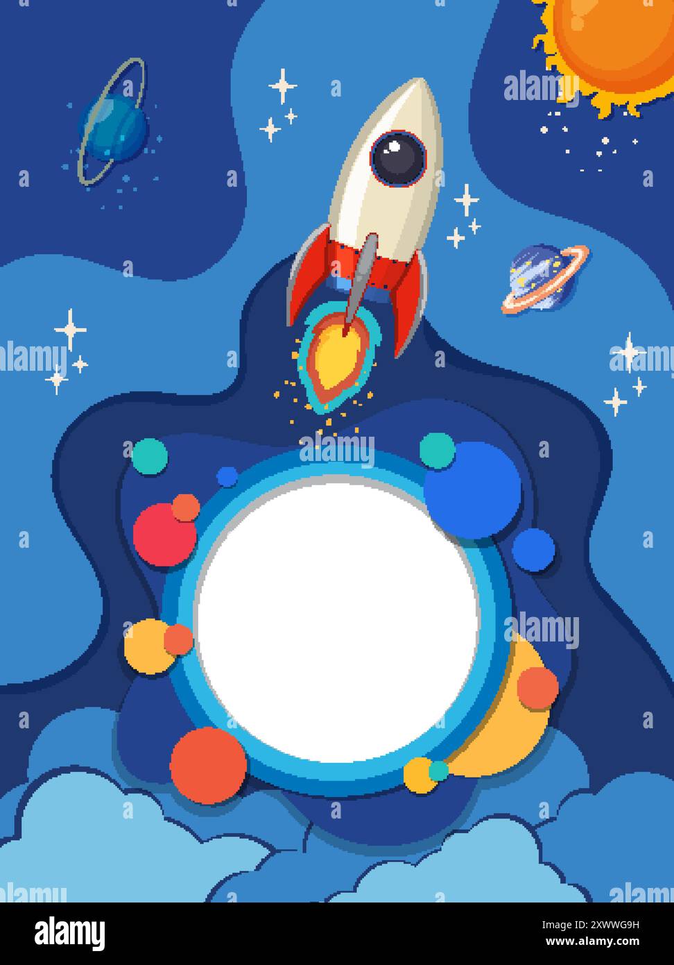 Rocket launching with planets and stars background Stock Vector Image ...