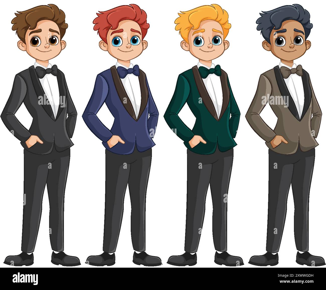 Four characters wearing colorful tuxedos and bow ties Stock Vector ...