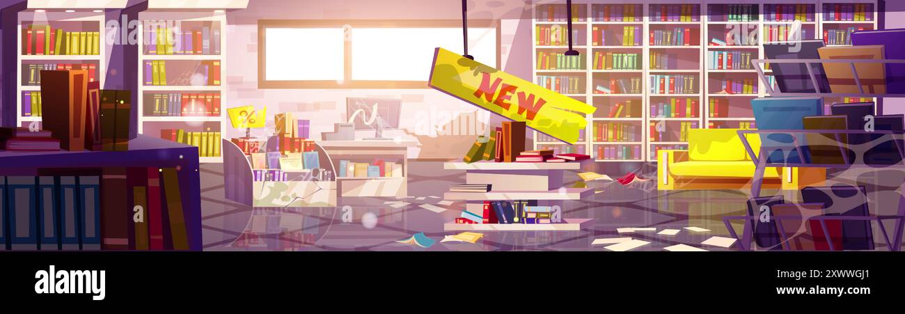 Abandoned bankrupt bookstore interior. Vector cartoon illustration of ...