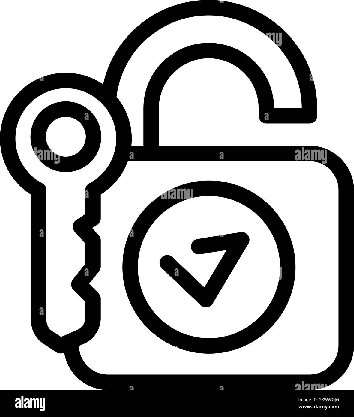 Line drawing of an open padlock with a key and check mark, conveying a ...
