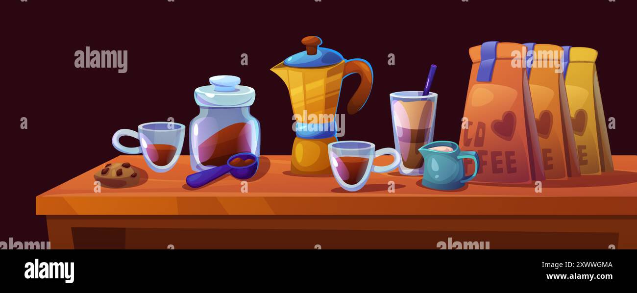Coffee equipment on wooden table isolated on black background. Vector ...