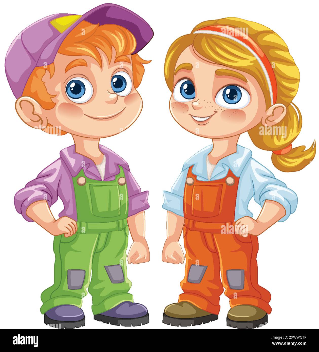 Two smiling kids in colorful overalls Stock Vector Image & Art - Alamy