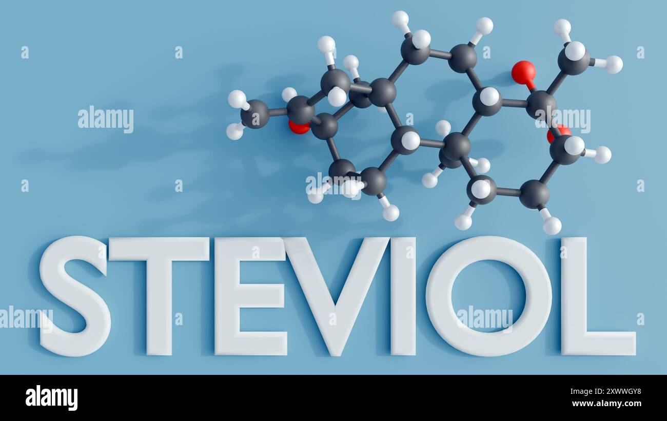 A 3d rendering of letter "STEVIOL" with structure of steviol molecules ...