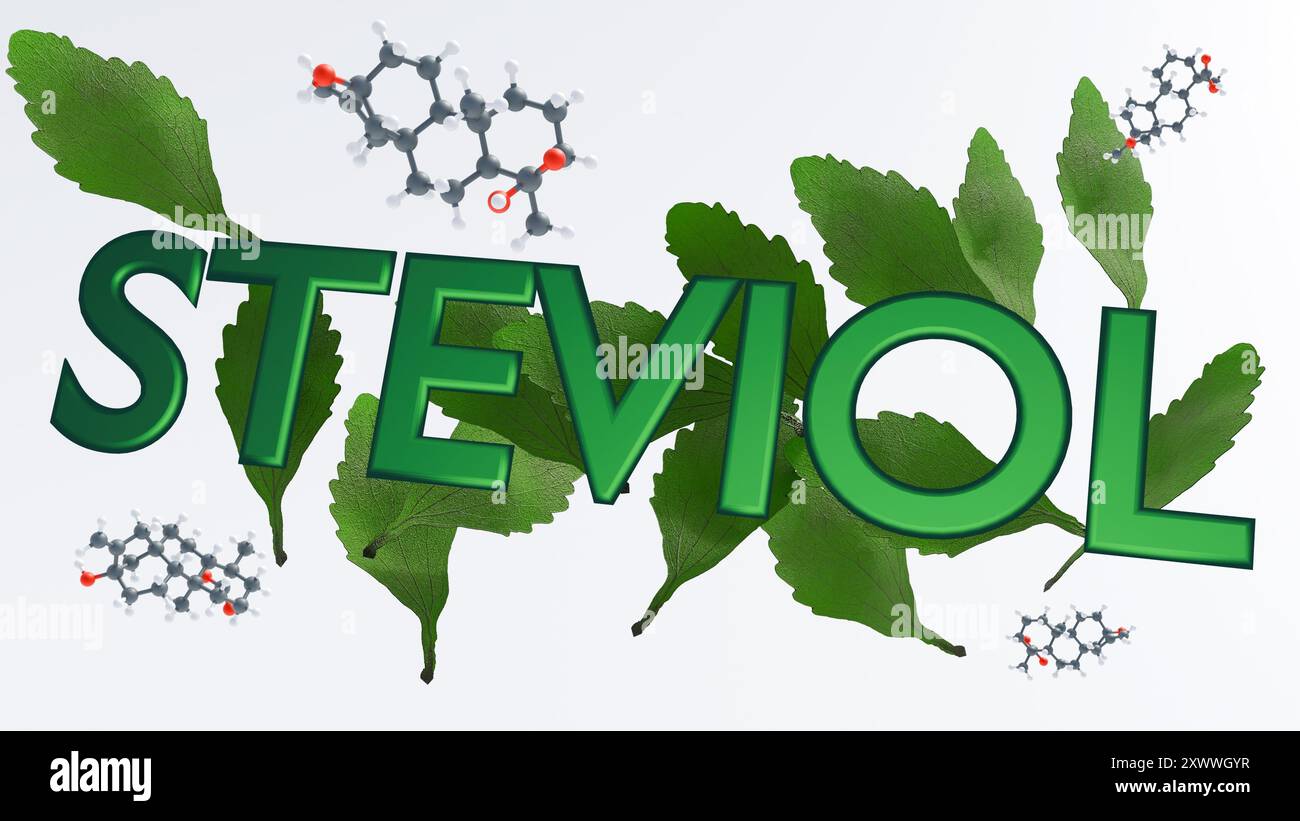 A 3d rendering of letter "STEVIOL" with structure of steviol molecules ...