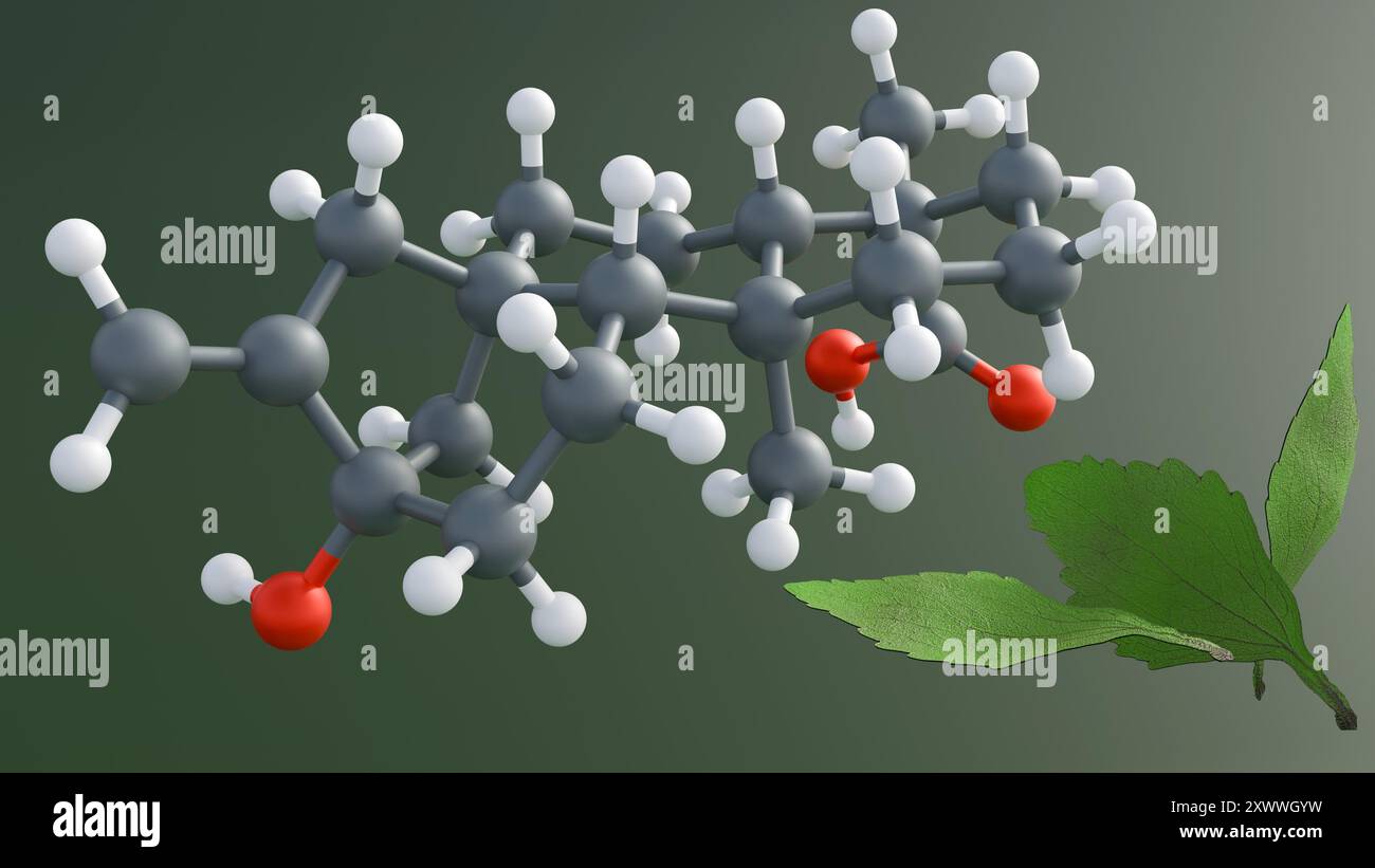 A 3d rendering of letter "STEVIOL" with structure of steviol molecules ...